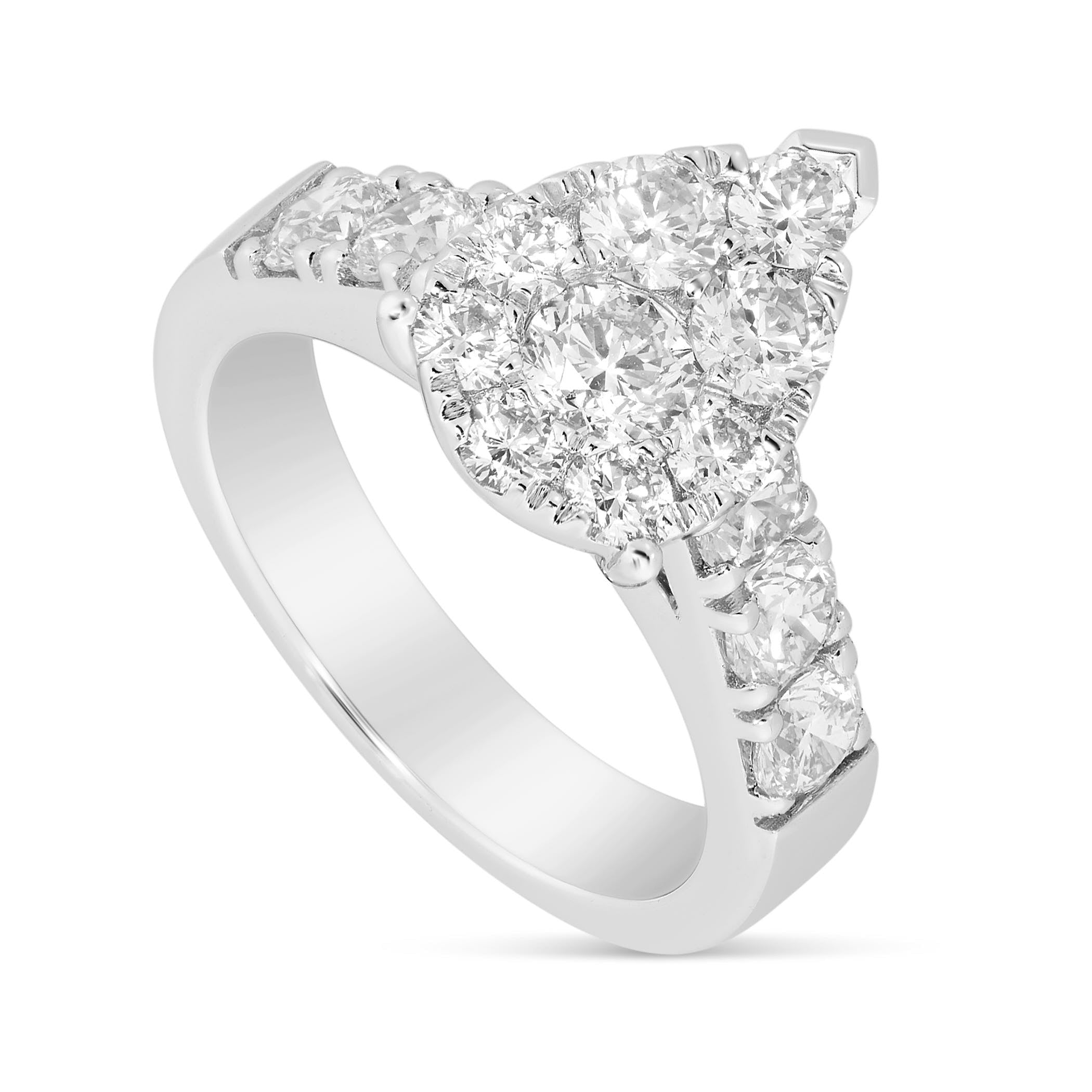 14K White Gold Round Cluster Diamond Teardrop Shaped Engagement Ring ...