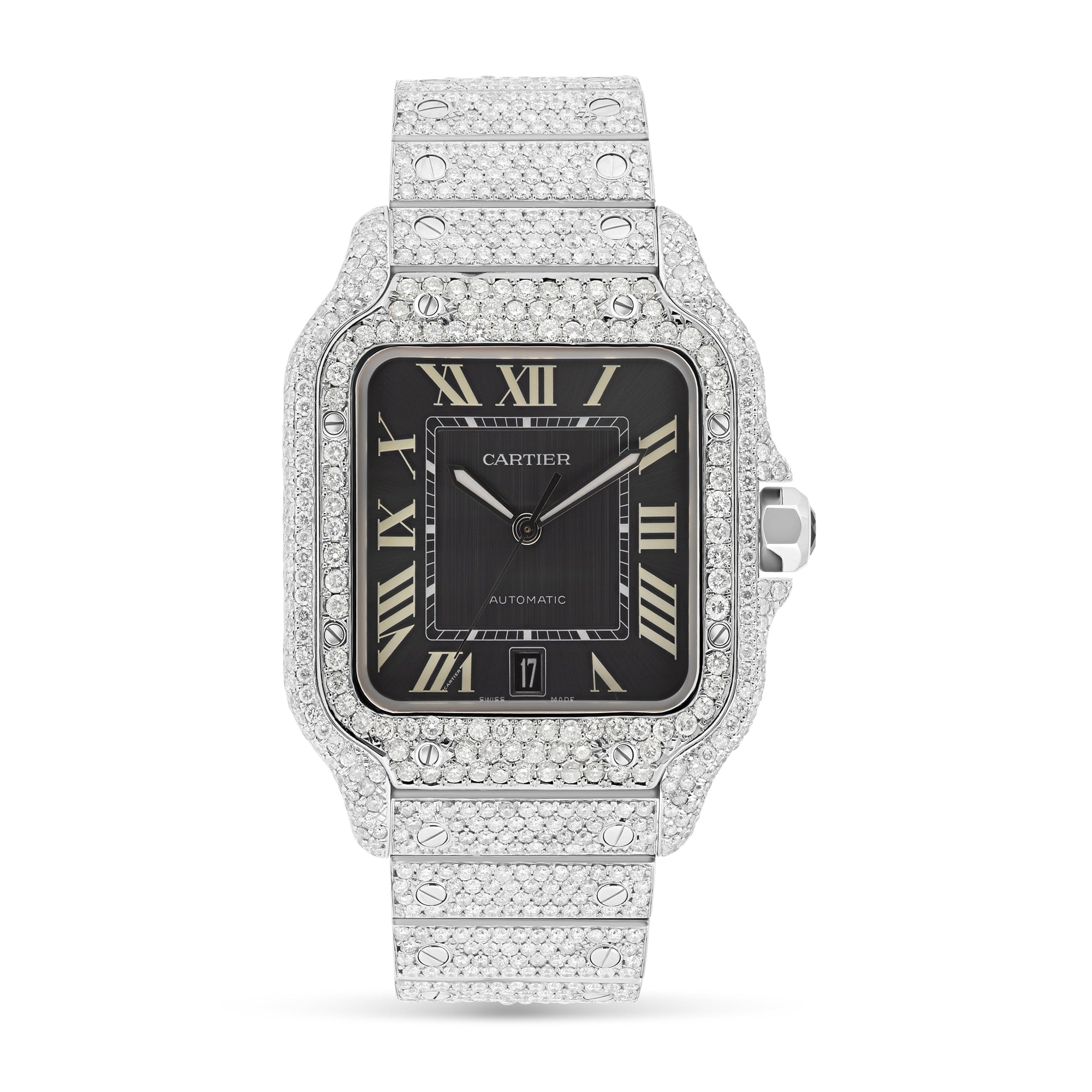 Fully Iced Out Cartier Santos 40 mm, Black Dial – SHYNE JEWELERS