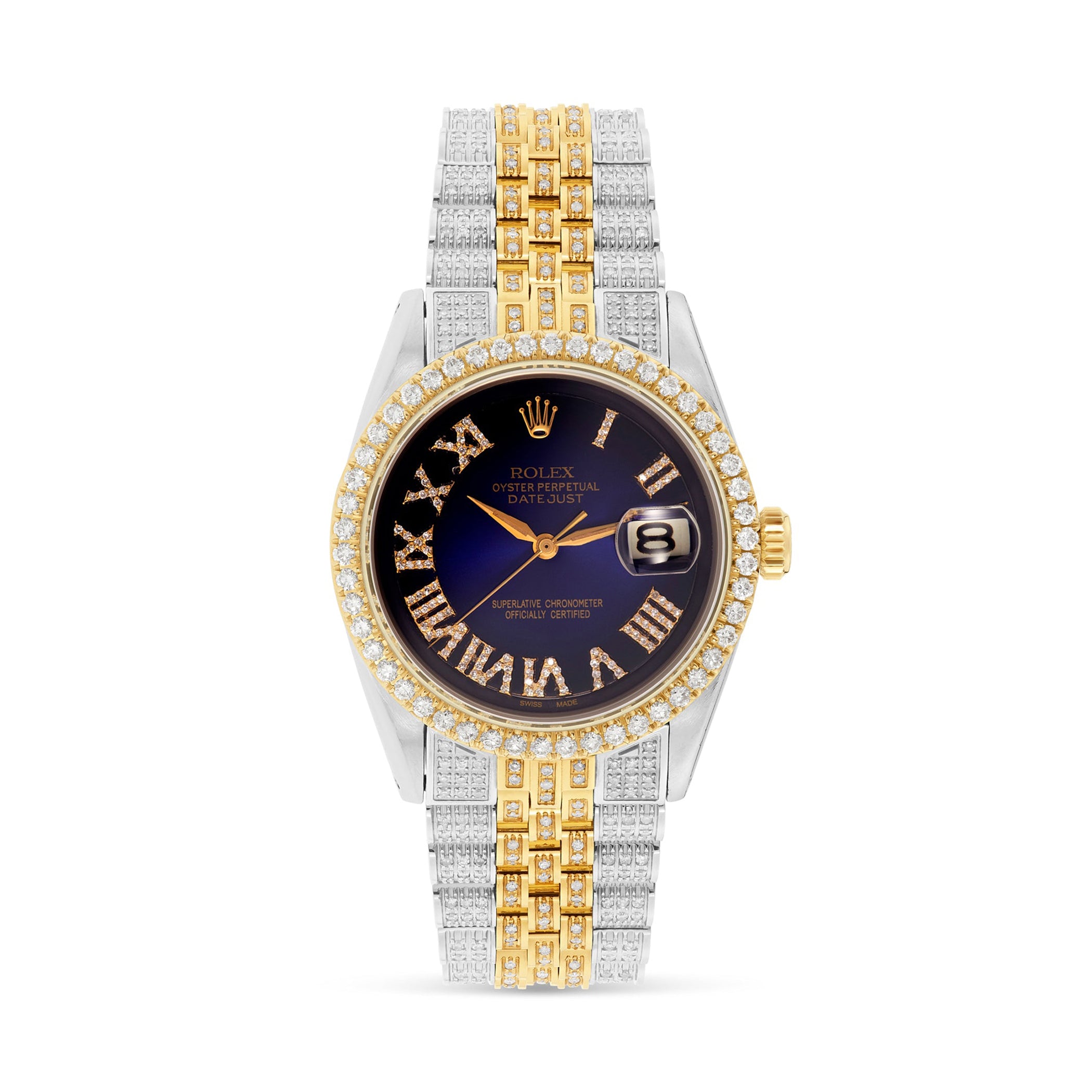 Rolex DateJust 36 mm Fully Iced Out with Diamond Bezel & Blue Dial ...