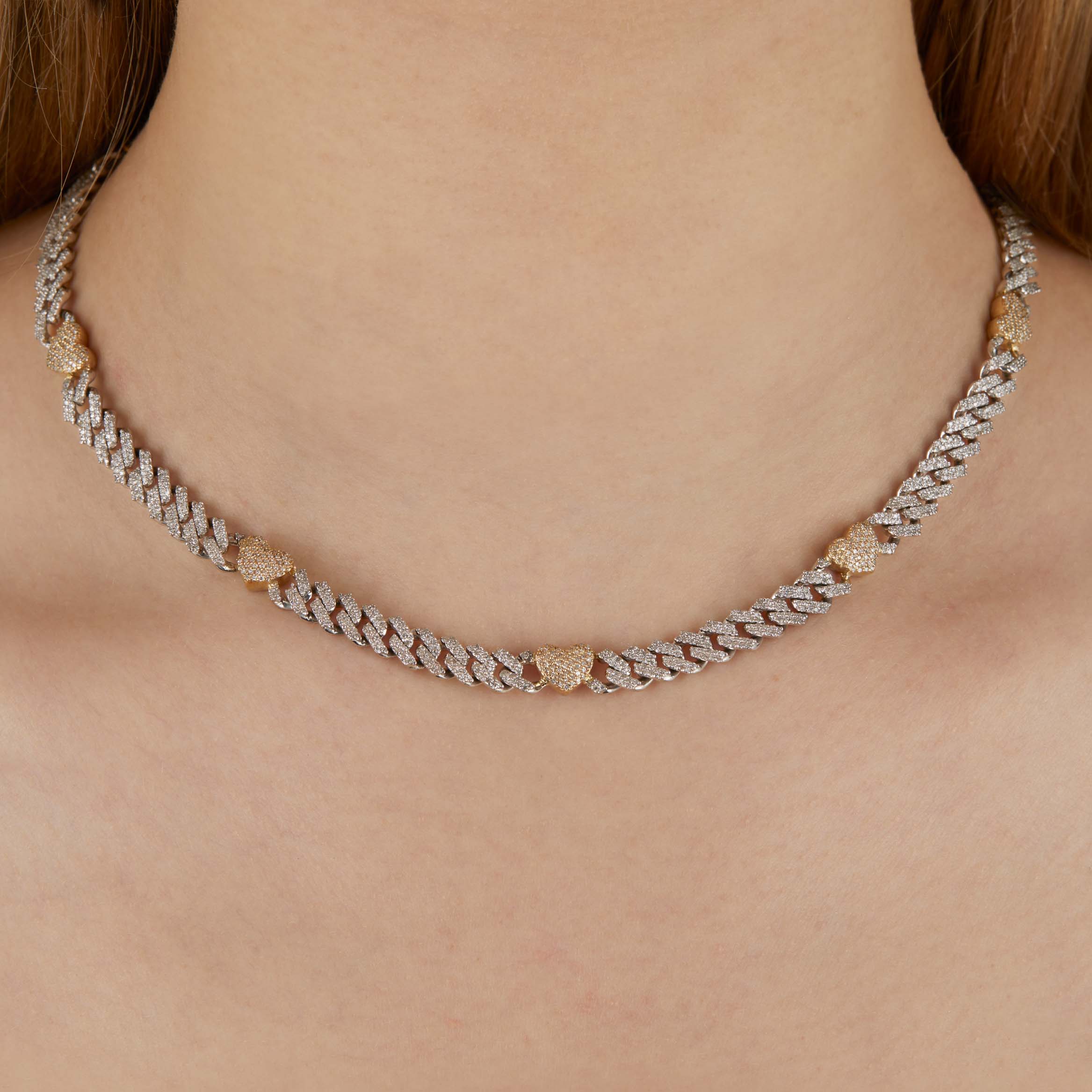 10K Gold Two Tone 4.20ct Diamond Cuban Chain with Colored Heart Motifs ...