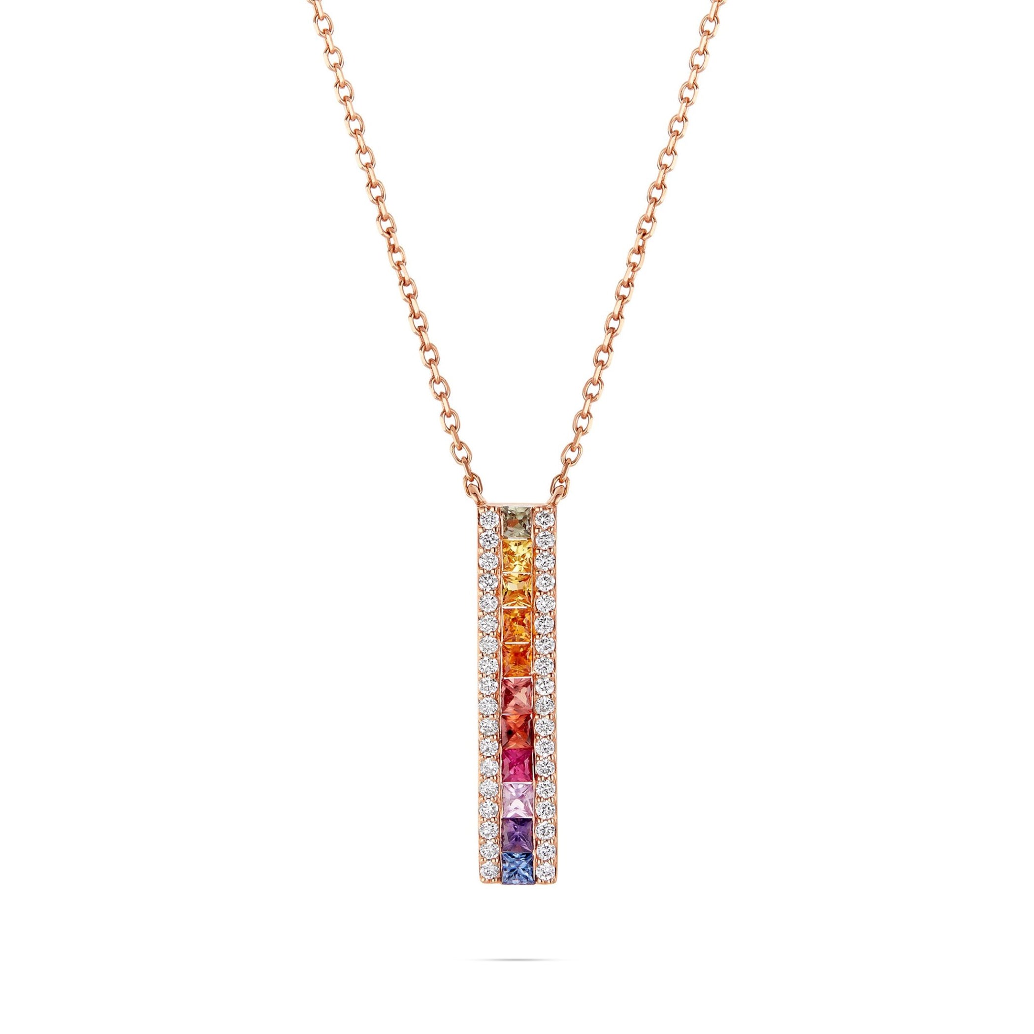 18K Gold 0.18ct Multicolor Diamond and Rainbow Sapphire Bar Necklace ...
