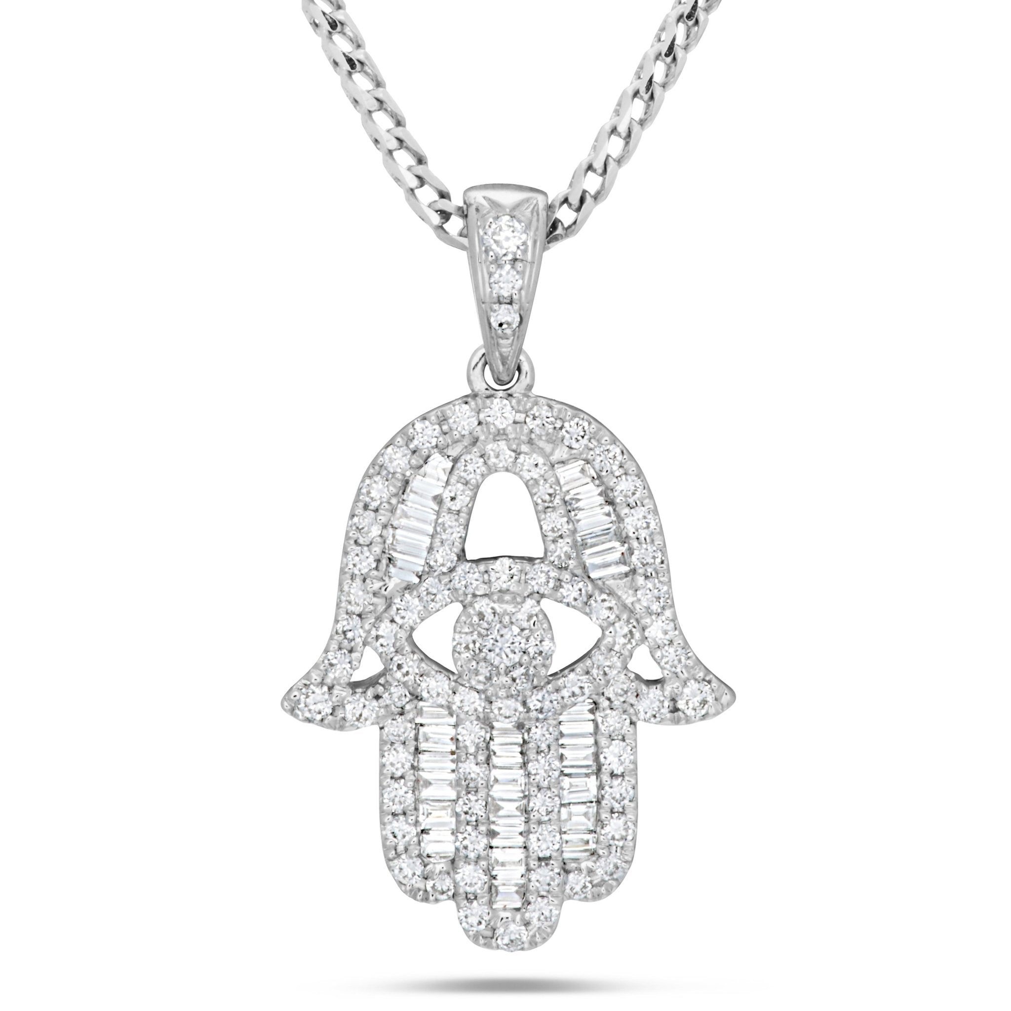 18K White Gold 0.61ct Baguette Diamond Hamsa Pendant – SHYNE JEWELERS
