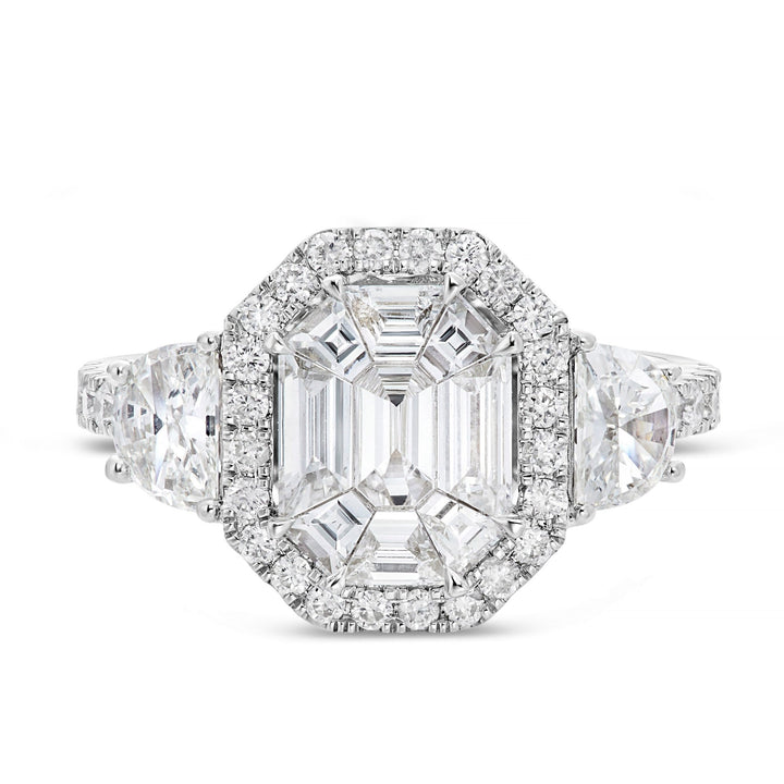 Custom 18K White Gold Emerald Three Stone Diamond Engagement Ring ...